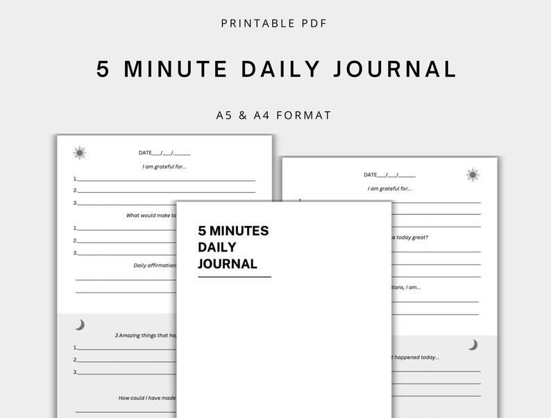 5 Minutes Journal | Minimalist | Printable Gratitude Journal | Self ...