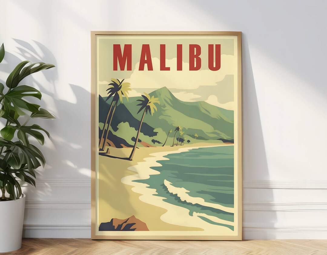 Malibu Beach Digital Print, Malibu Sunset Travel Poster, Retro Malibu ...