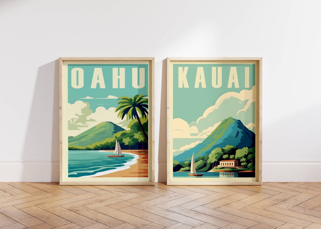 Hawaiian Travel Poster Set, Oahu and Kauai Art Prints, Hawaii Islands ...