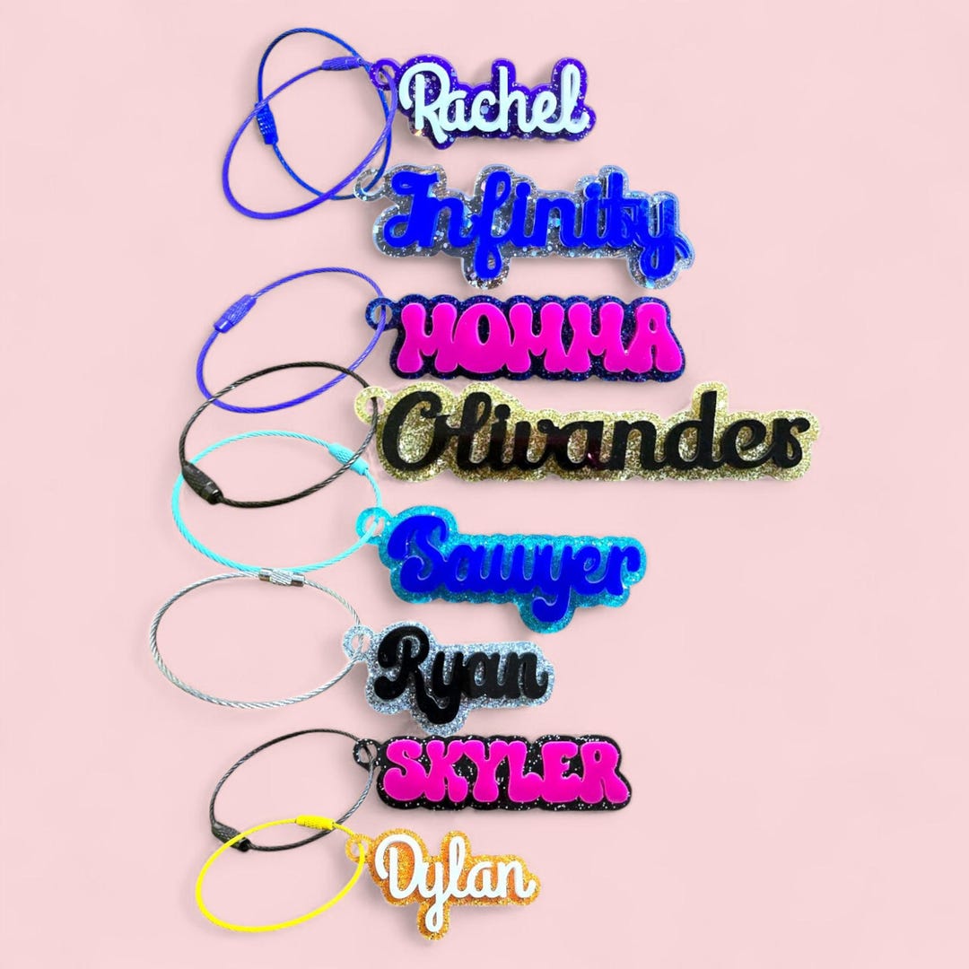 Custom Glitter Name Tags | Personalized Acrylic Keychains | Name Bag ...