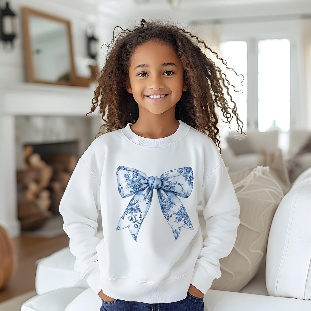 Bow Sweatshirt Girl Coquette Love Blue Bow Kids Youth Sweatshirt Fancy ...