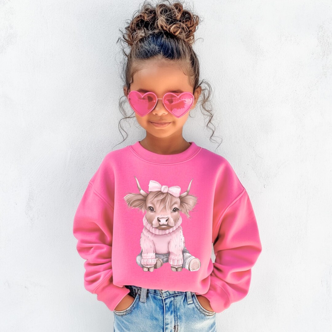 Highland Cow Sweatshirt Youth Cow With Pink Bow Shirt Gift for Cow ...