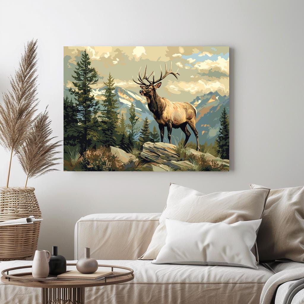 Vintage Elk Paint by Numbers Kit: DIY Forest Scene Wall Art - Etsy