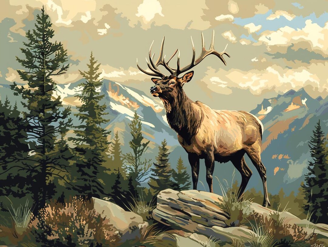 Elk Vintage Paint by Numbers, Deer in the Forest Paint by Numbers, Wall ...