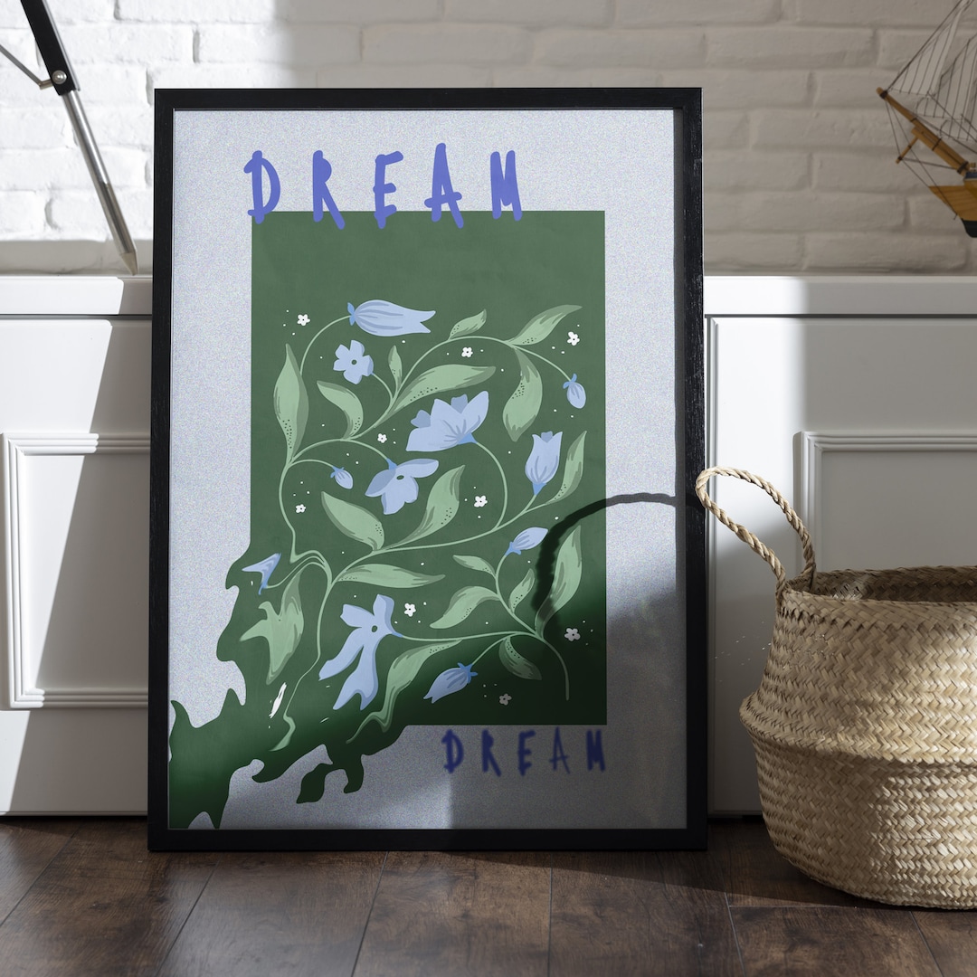 Dream Digital Poster, Green Flower Print Art, Green Blue Wall Decor ...