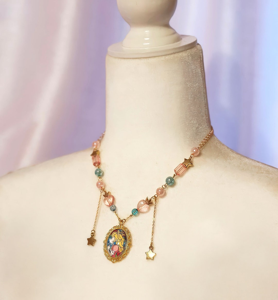 Princess Peach Stained Glass Pendant Beaded Necklace - Etsy