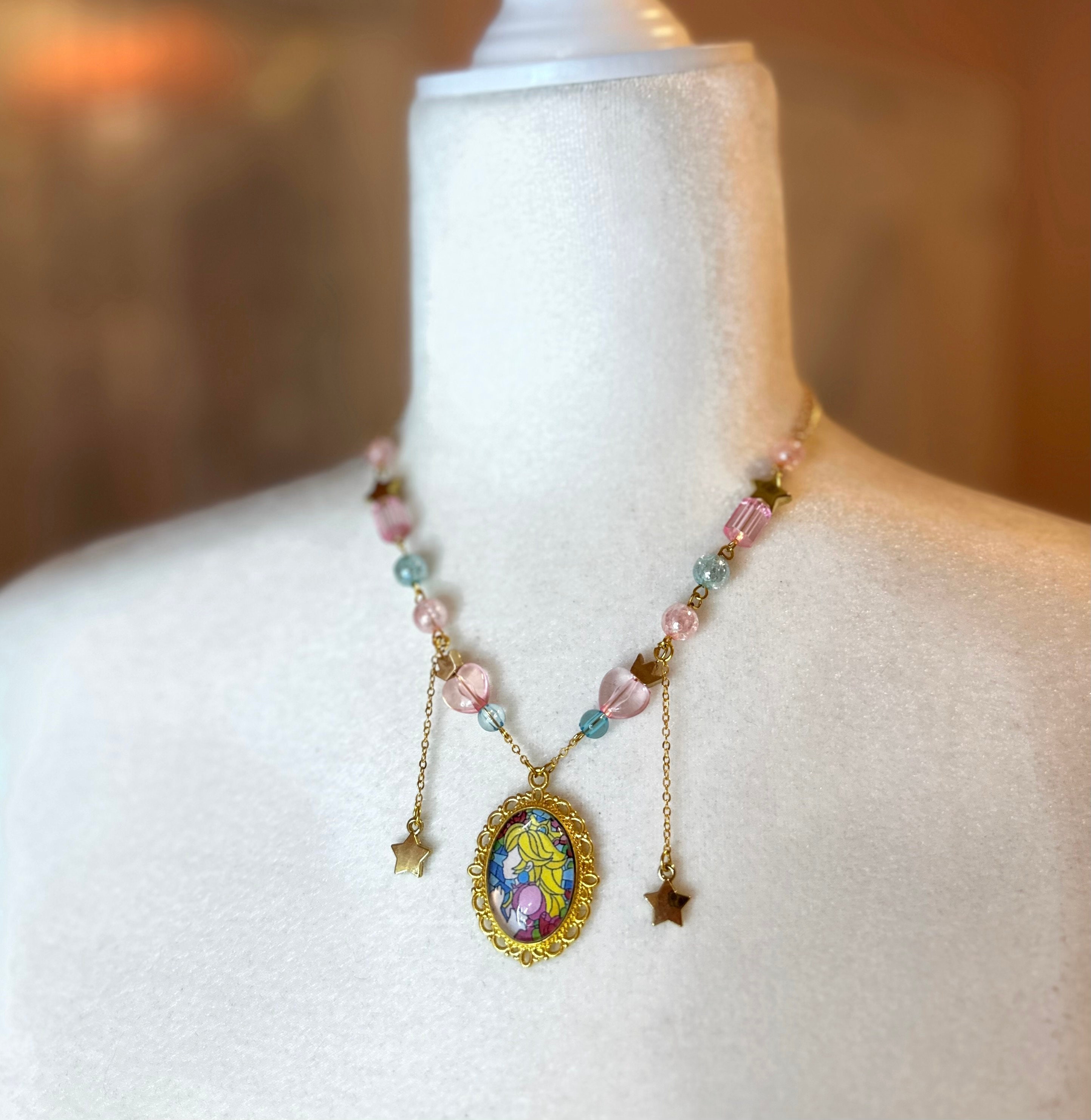 Princess Peach Stained Glass Pendant Beaded Necklace - Etsy