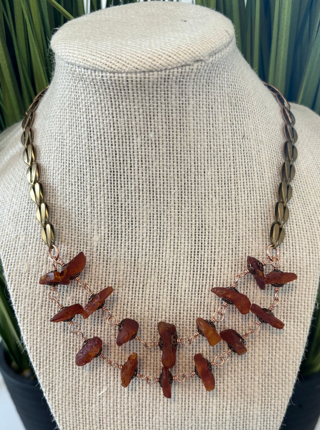 Rough Brown Amber on Rose Gold-filled Links With Vintage Brass Heart ...