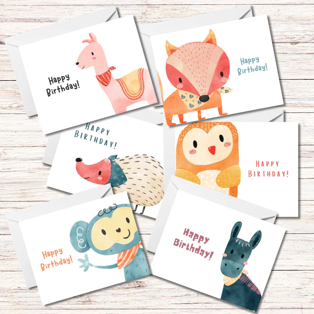 Pack of 6 Adorable Animals Birthday Cards, Children's Birthday Cards ...