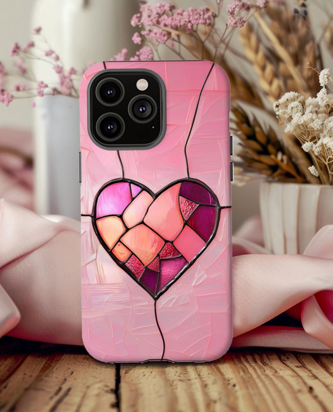 Phone Case, Stained-glass Effect Pink Heart Design, Tough Phone Cover ...
