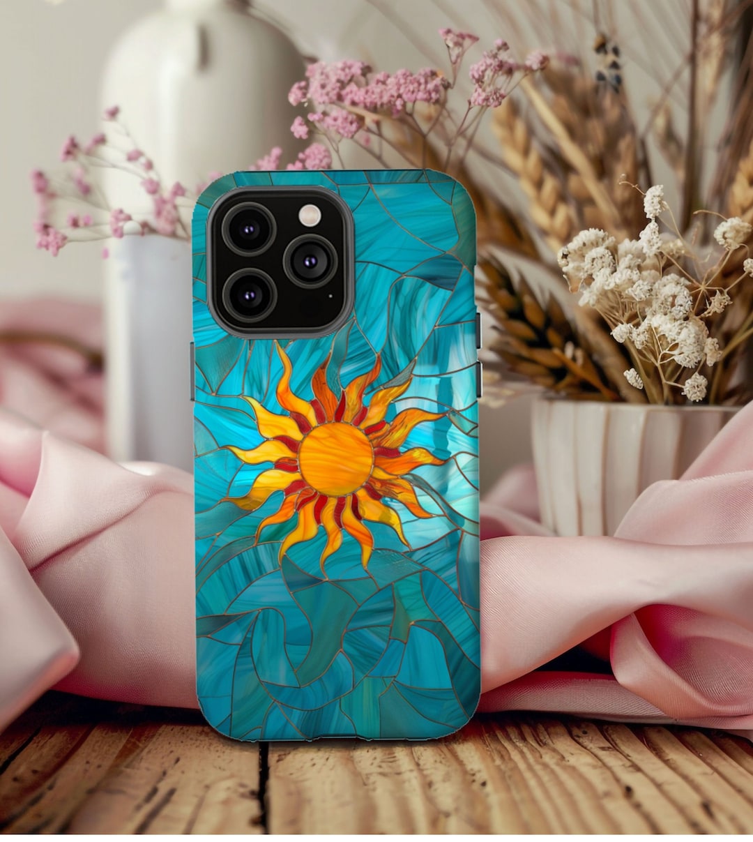 Sun Phone Case Celestial Stained Glass Phone Case Stars Phone Case Stained Glass Effect Case