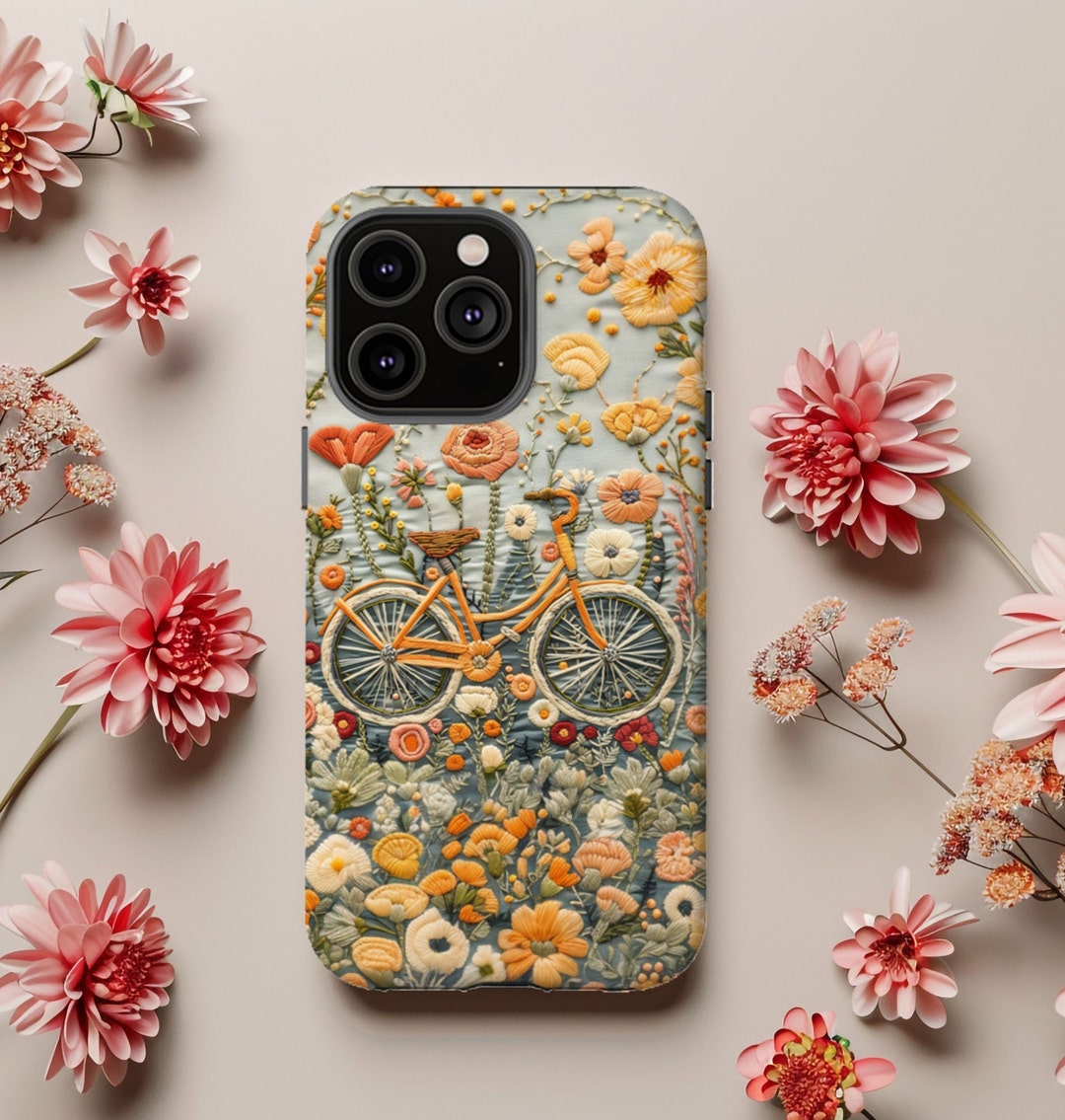 Vintage Boho Bloom and Bike Embroidered Phone Case, Soft Cottage Core ...