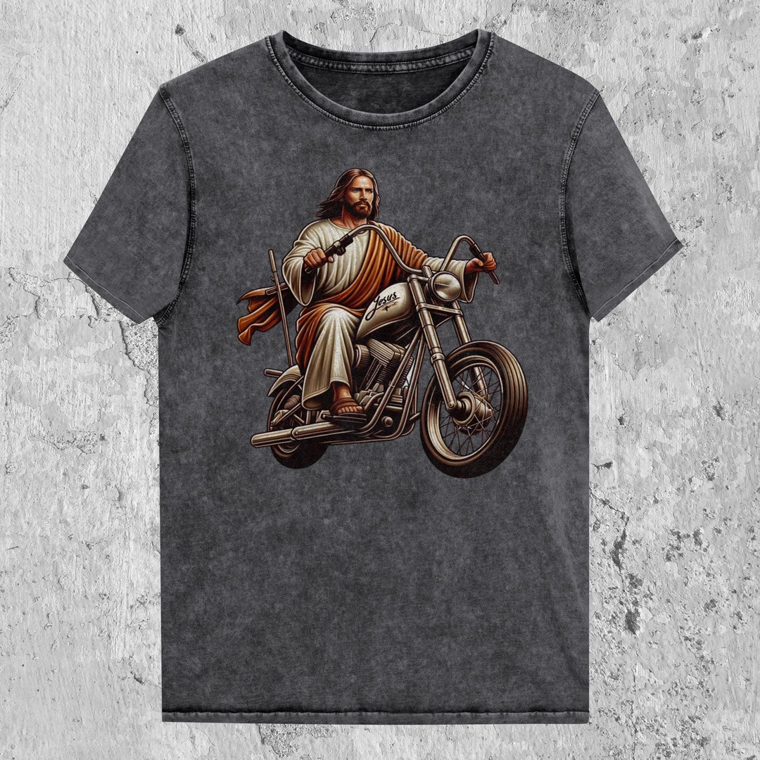 Christ on Chopper Denim Stone Washed Cotton T-shirt, Vintage Christian ...