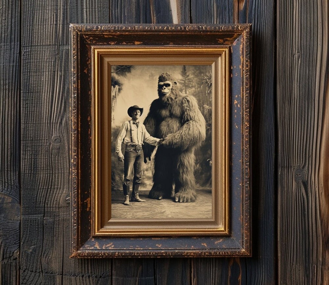 Cowboy Shaking Hands With Bigfoot Poster, Vintage Cryptid Wall Art ...