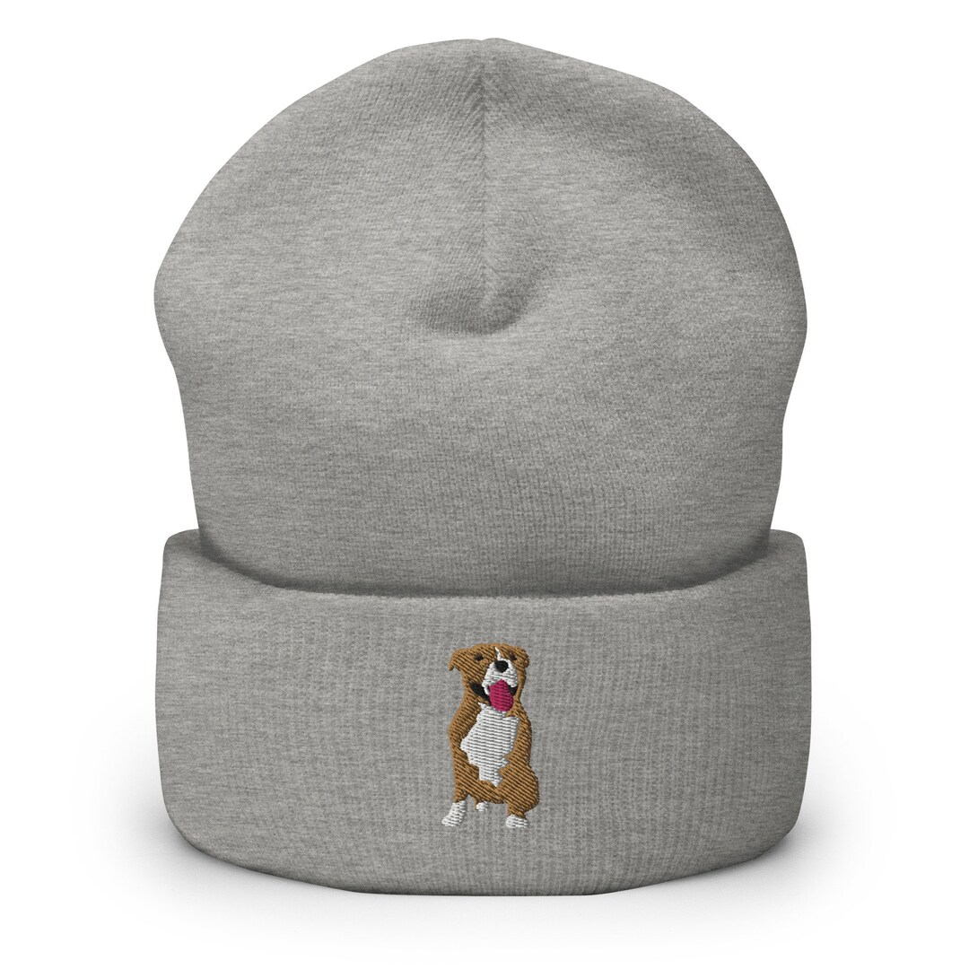 Tuxedo Pitbull Embroidered Warm Beanie, Brown and White Pittie Hat ...