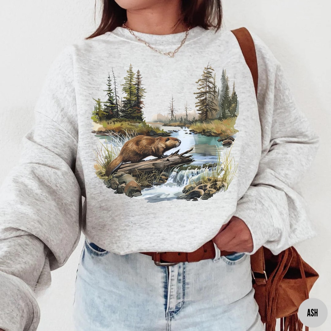 Retro Beaver Crewneck Sweatshirt, 90s Wilderness Outdoor Forest Scene ...