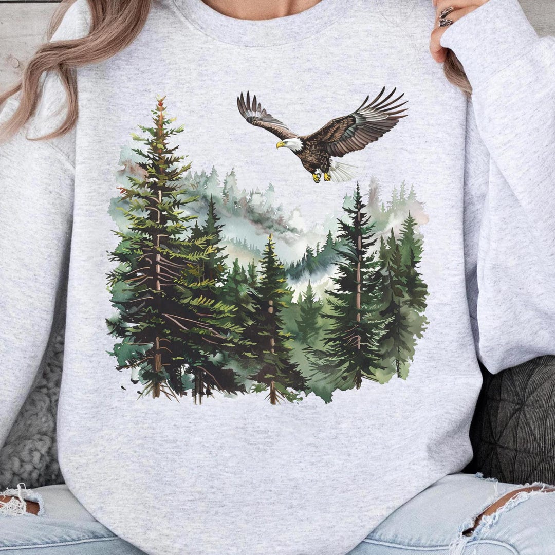 Retro Bald Eagle Forest Sweatshirt, 90s Wilderness Outdoor Forest Scene ...