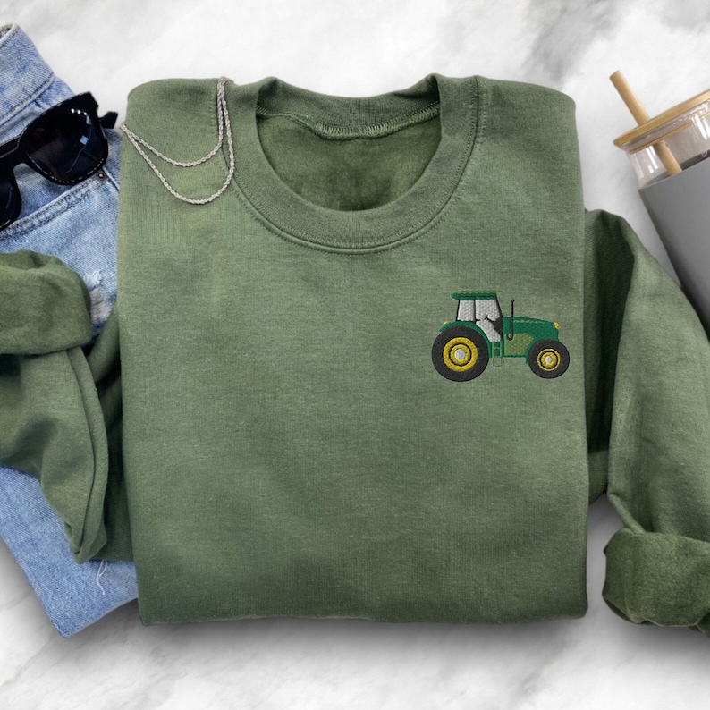 Tractor Embroidered Unisex Sweatshirt, Green Tractor Sweatshirt ...