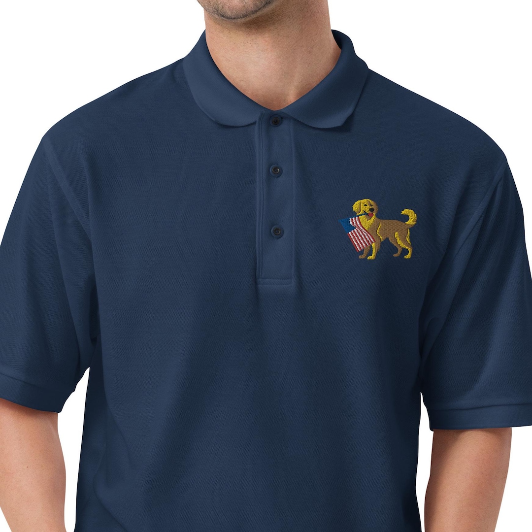 Golden Retriever USA Flag Embroidered Mens Premium Polo, Golden ...