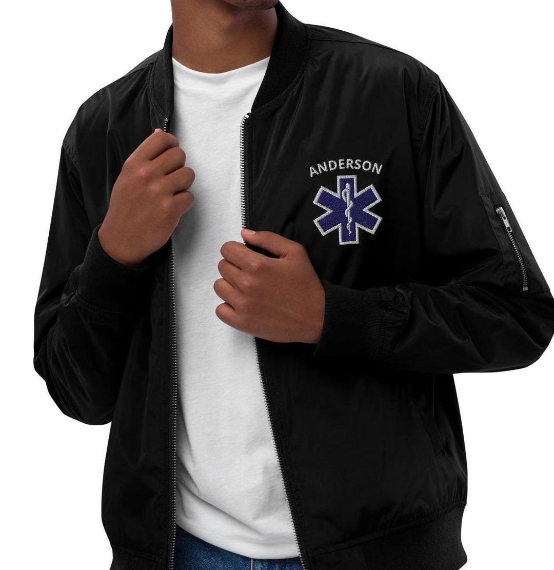 Custom EMT Embroidered Premium Bomber Jacket, EMT Black Jacket ...