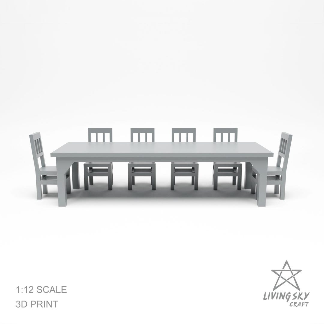 1:12 Scale Long Dining Table and 6 Chairs 3D Printed Gray Model | UIL ...