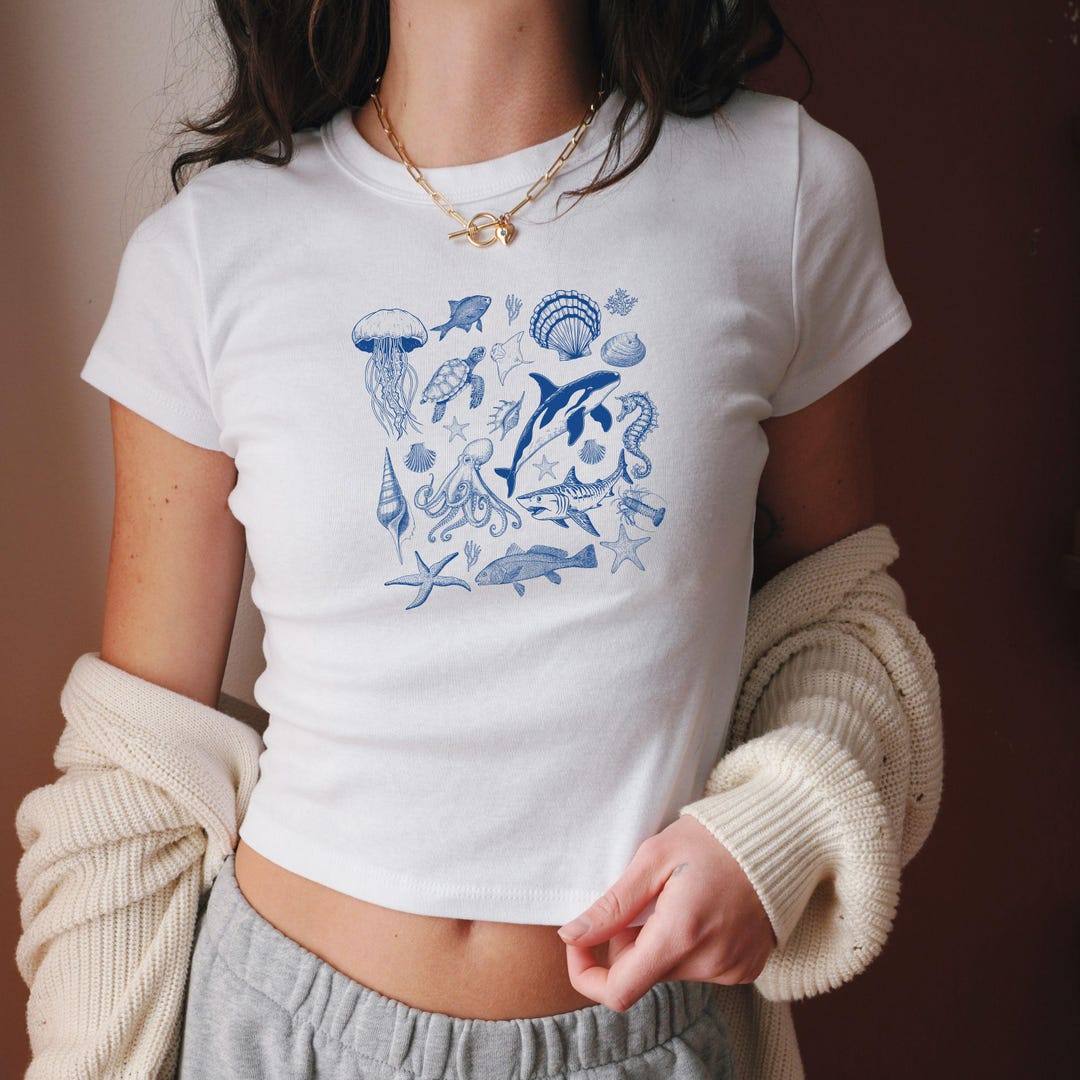 Y2K Sea Animals Baby Tee, 90s Sea Life Baby Tee, Ocean Animals Baby Tee ...
