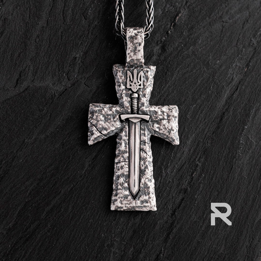 Sterling Silver Sword Cross Pendant - Mens Cossack Necklace - Etsy