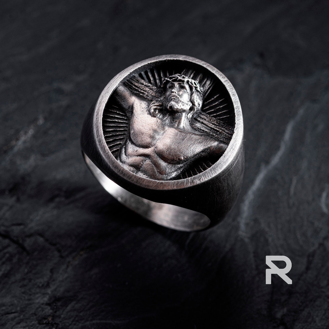 JESUS Gents Silver 925 Rings – Stylish Wide Silver Bands for Men, Black ...