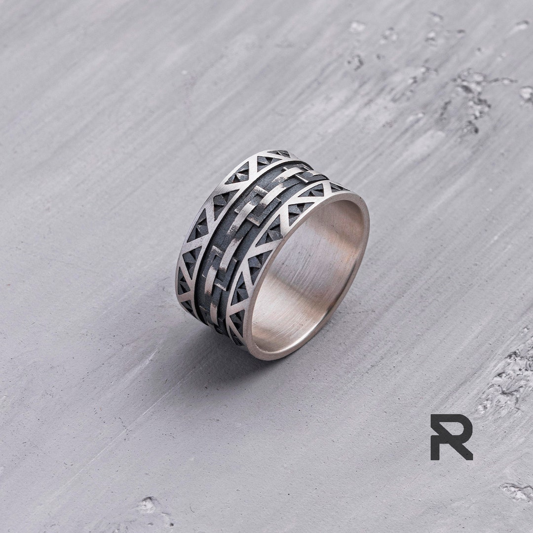 Geometric Wide Sterling Silver Ring | Modern Male Band Jewelry ...