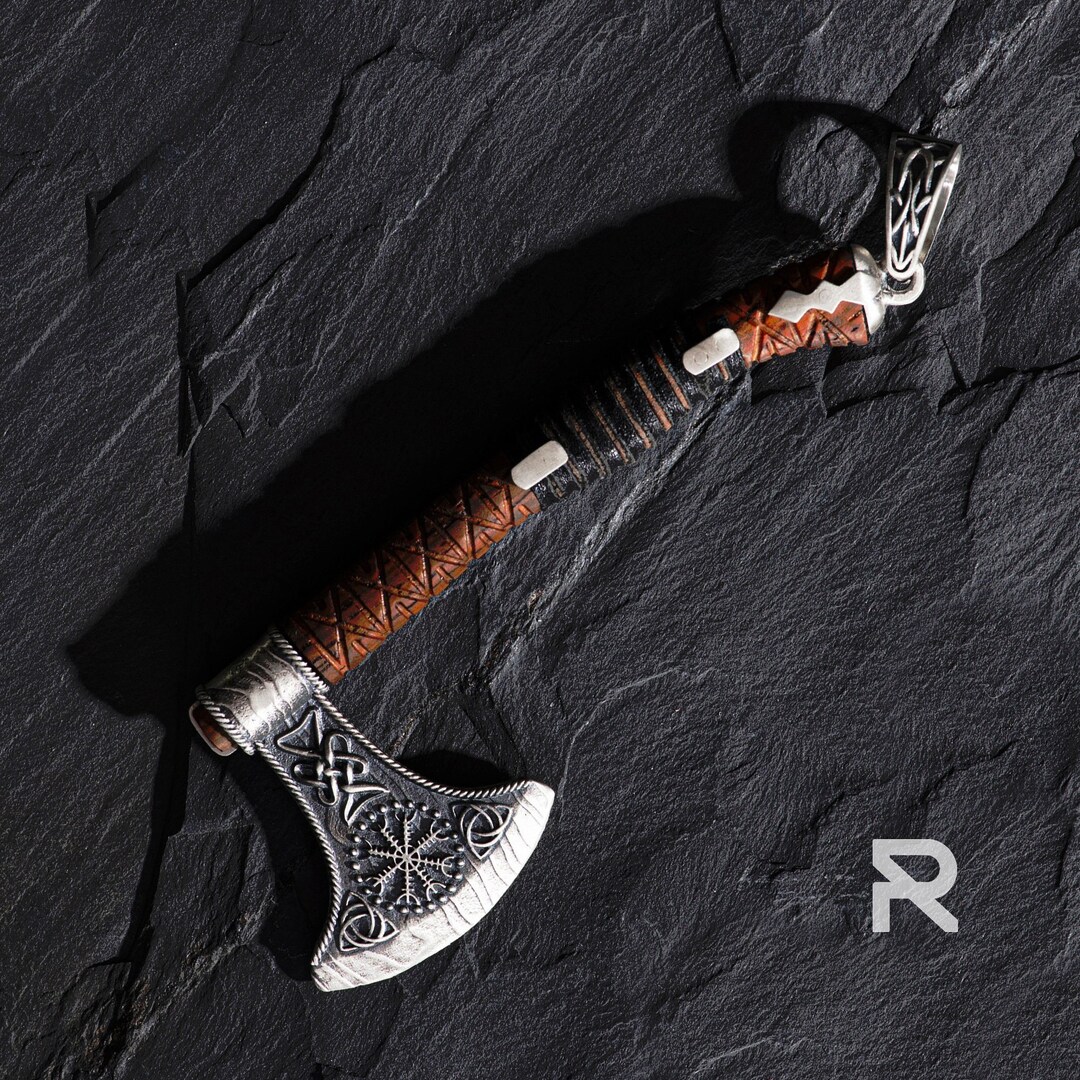 SILVER AXE PENDANT, Religious Pendant, Large Axe With Vegvisir Symbol ...