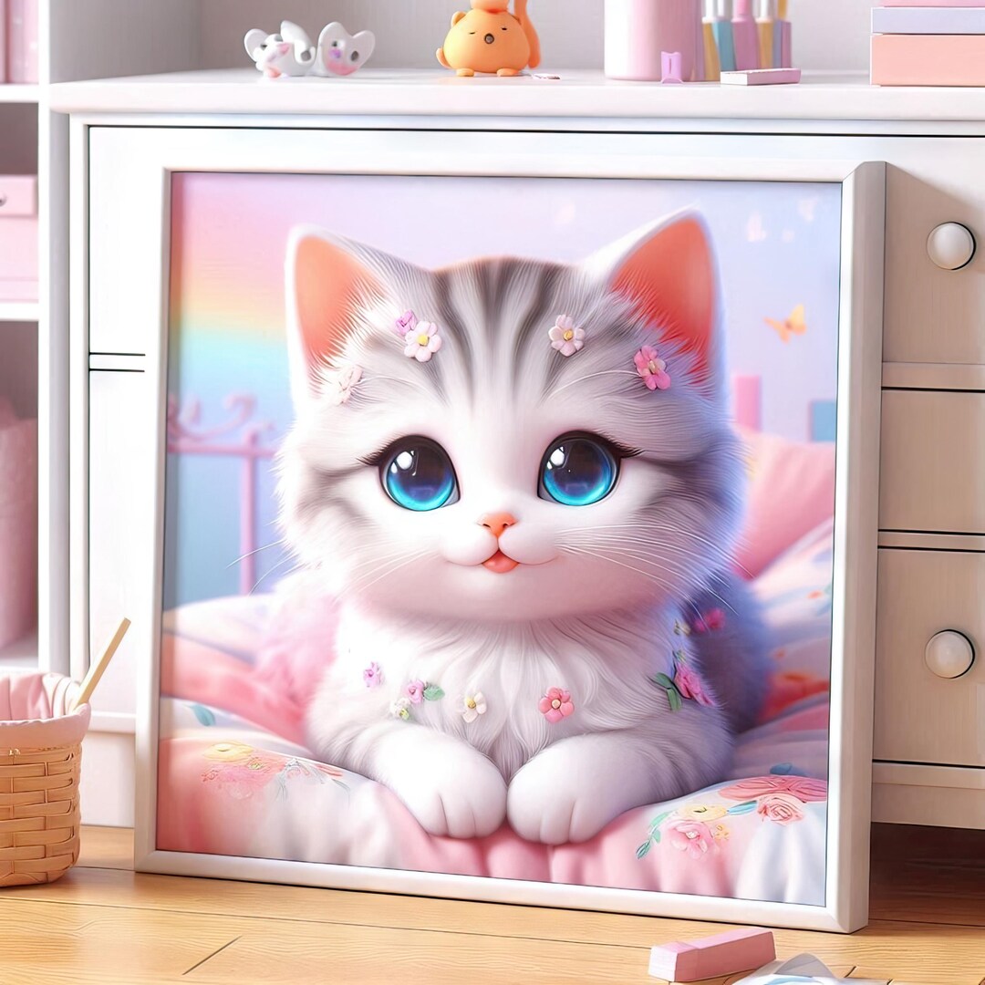Cute Kawaii Kitten Art Print | Pastel Cat Decor for Kids & Cat Lovers ...