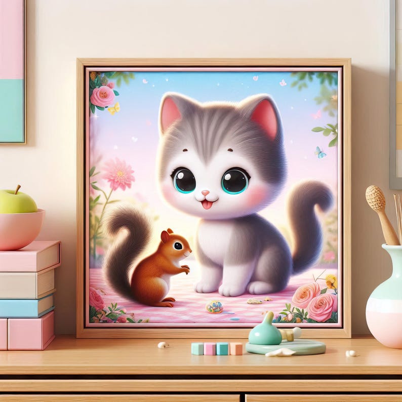 Adorable Kawaii Kitten Art Print Pastel Cat Decor for Kids Room Cute ...