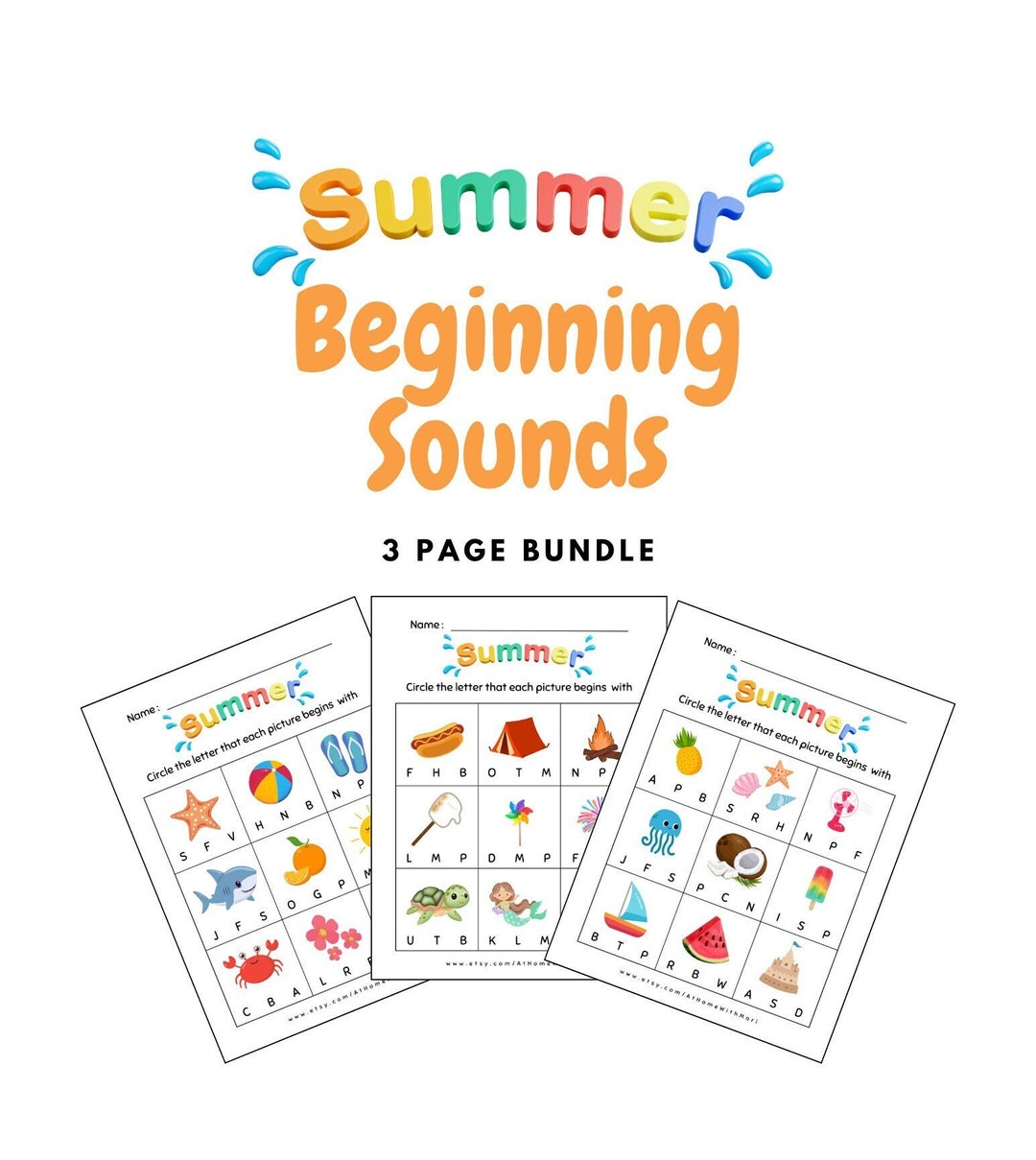 Summer Theme Preschool Worksheet - 3 Page Bundle for Beginning Sounds ...