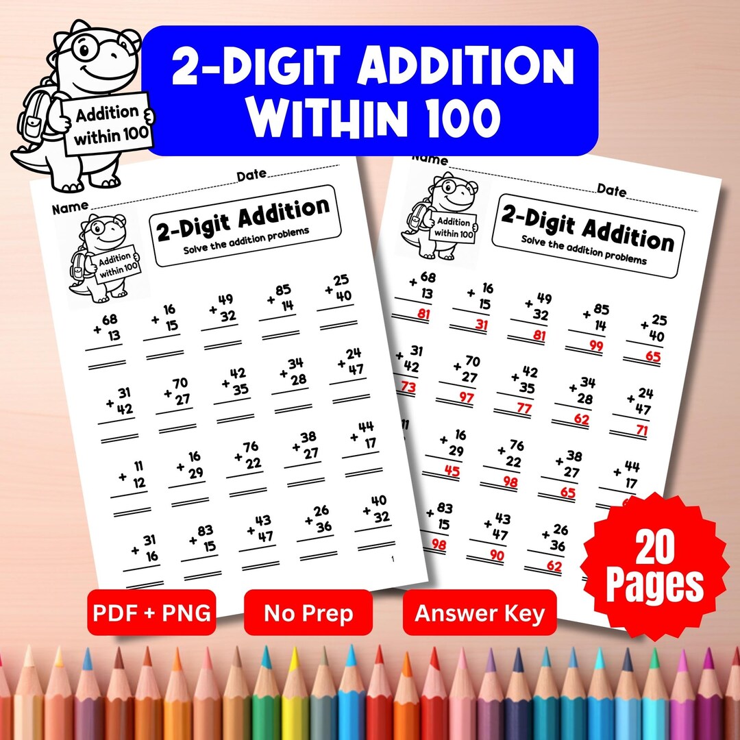 2-digit Addition Within 100 Worksheets | PDF + PNG | No Prep Math | 20 ...