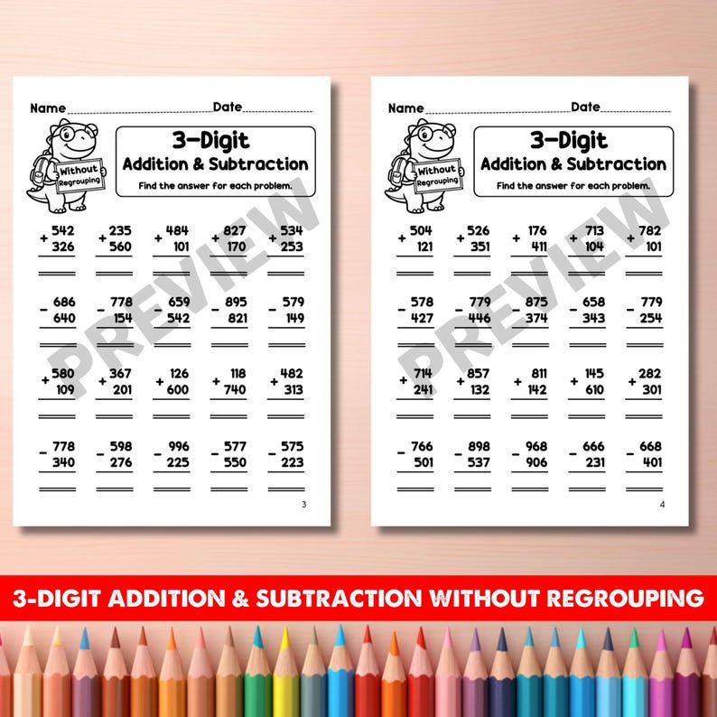 3-digit Addition & Subtraction Without Regrouping Worksheets | No ...
