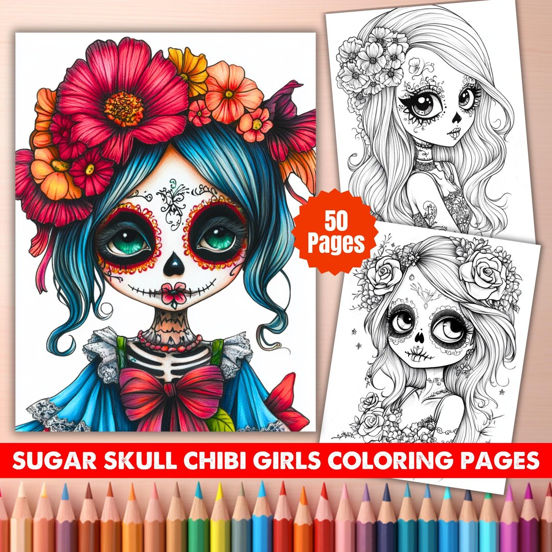 Sugar Skull Chibi Girls Coloring Pages – 50 Cute Day of the Dead ...