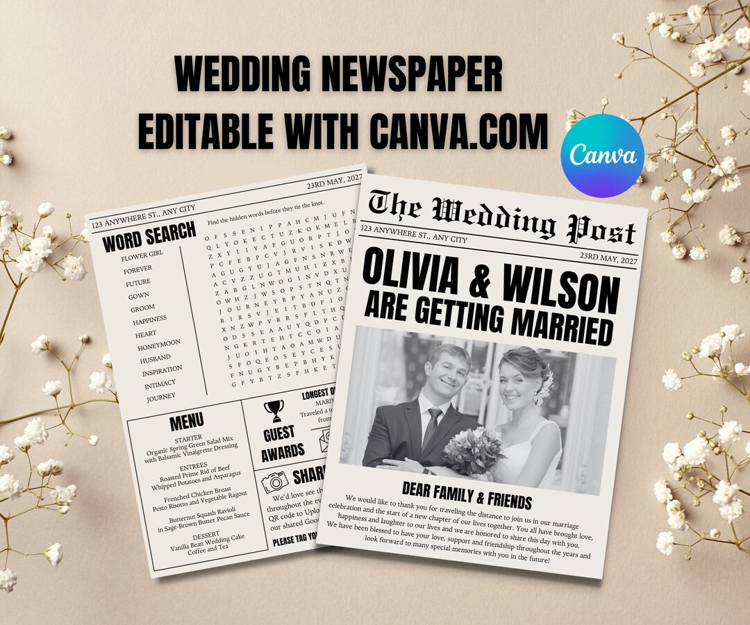 Wedding Newspaper Editable Canva , DIY Newspaper, Newspaper Template ...