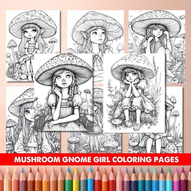 50 Mushroom Gnome Girl Coloring Pages | Cute Fantasy Cottagecore Gnomes ...