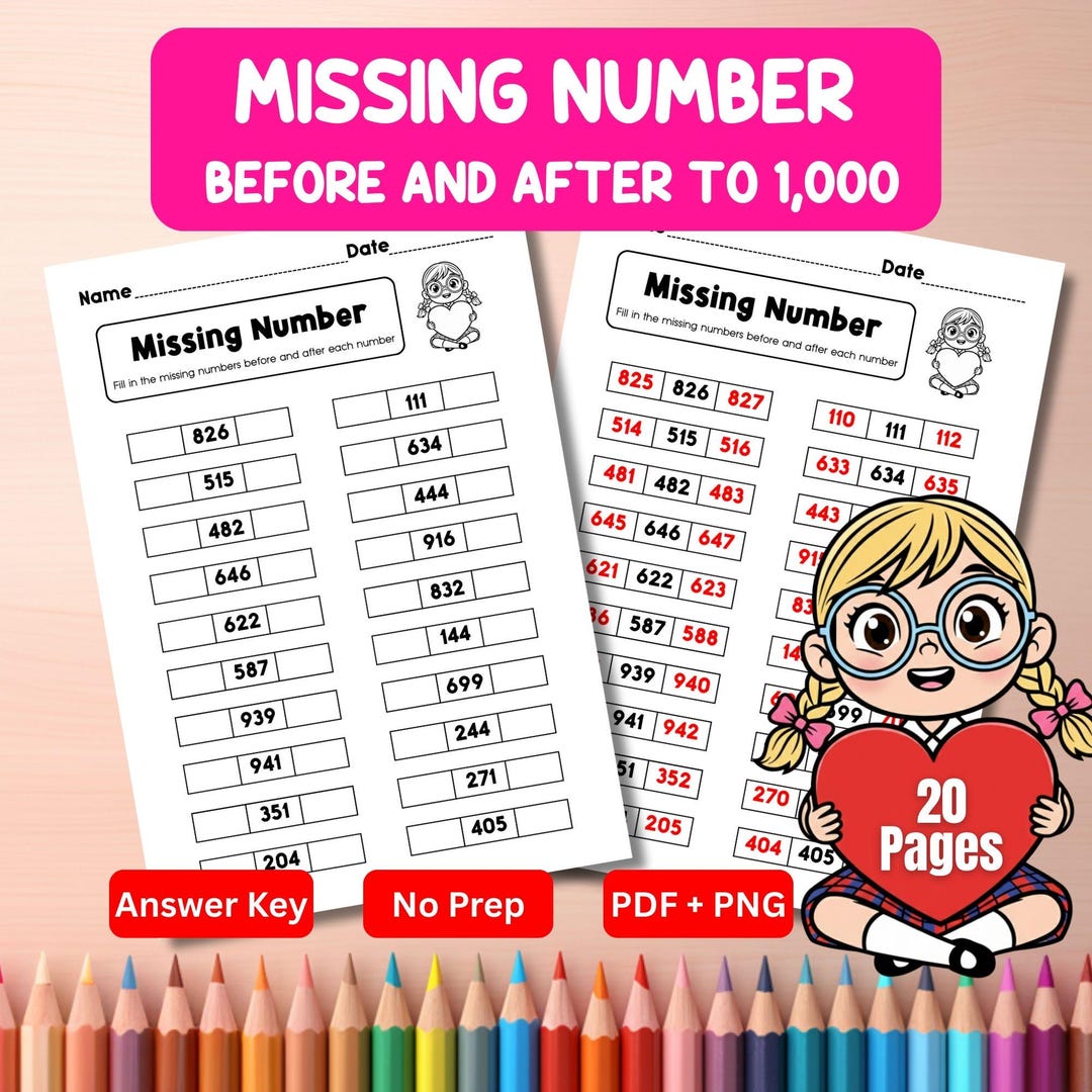 Valentine Missing Numbers Before and After to 1000 | 3-digit Number ...