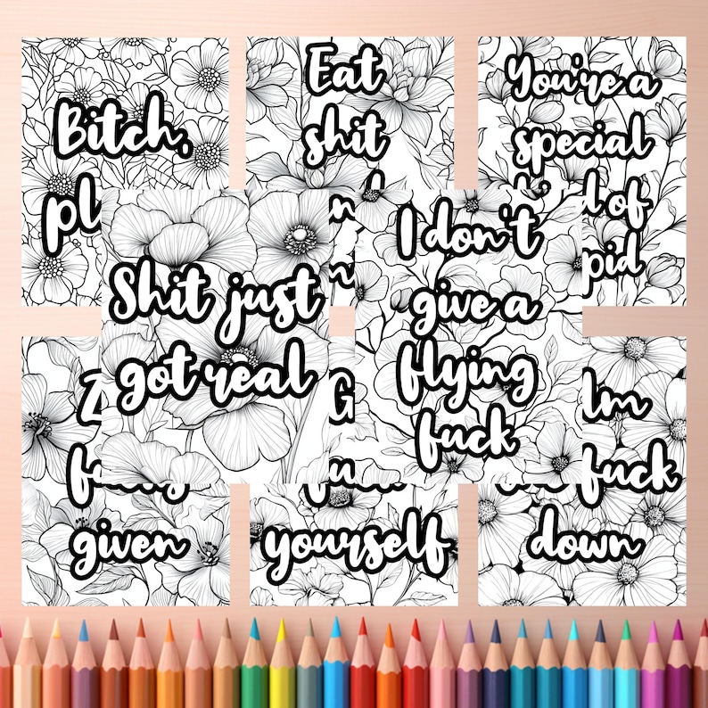 50 Swear Words Coloring Pages for Adults – Funny & Rude Floral Designs ...