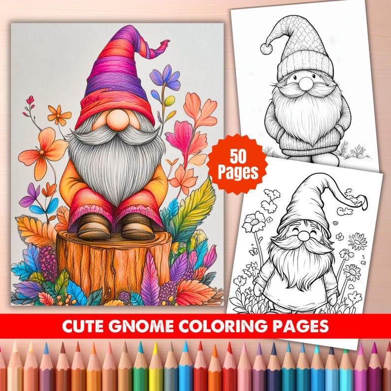 Cute Gnome Coloring Pages for Kids & Adults – 50 Printable PDF Sheets ...