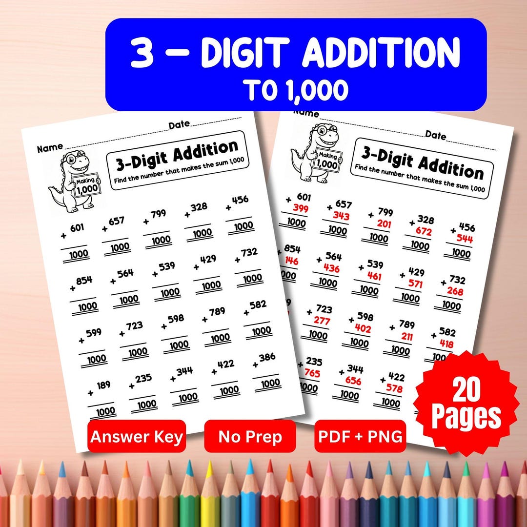 3-digit Addition to 1,000 Worksheets | Find the Missing Addend | No ...