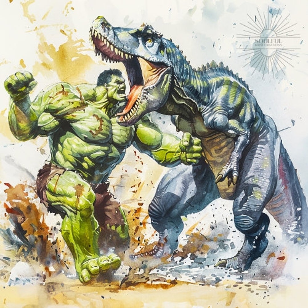 Digital Watercolour Picture of Hulk and Tyrannosaurus Rex - Kids ...