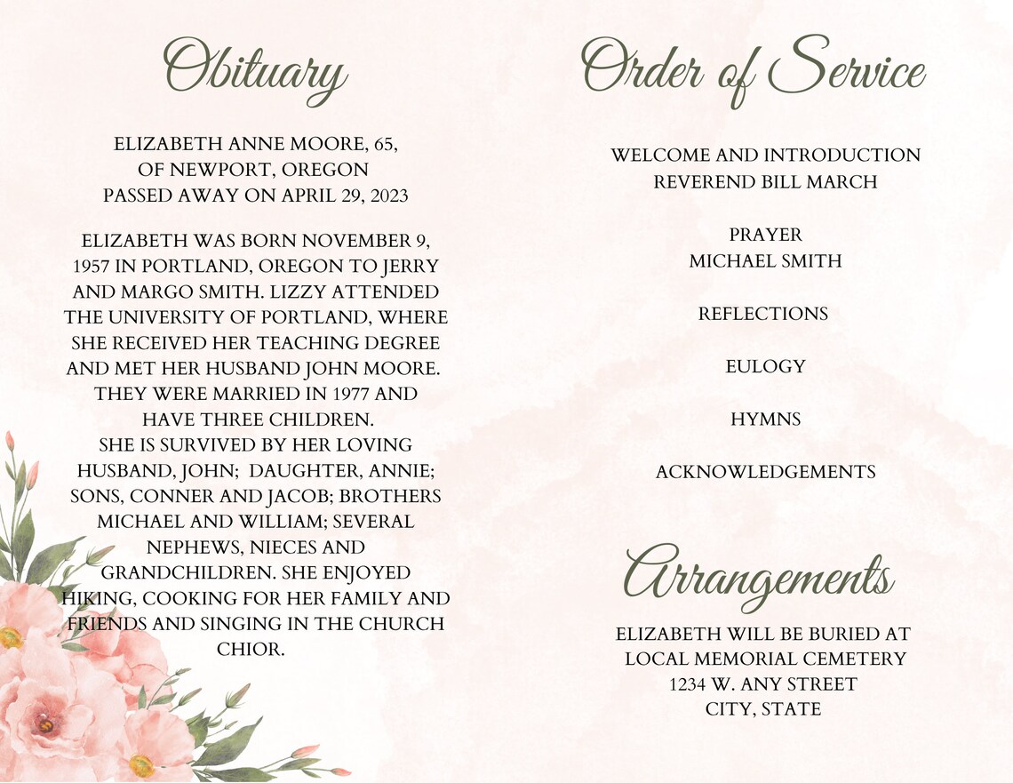 Funeral Program Template, Editable Memorial Program, Printable Funeral ...