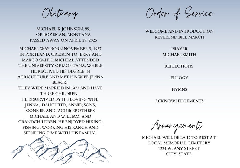 Funeral Program Template, Simple Memorial Program, Printable Funeral ...