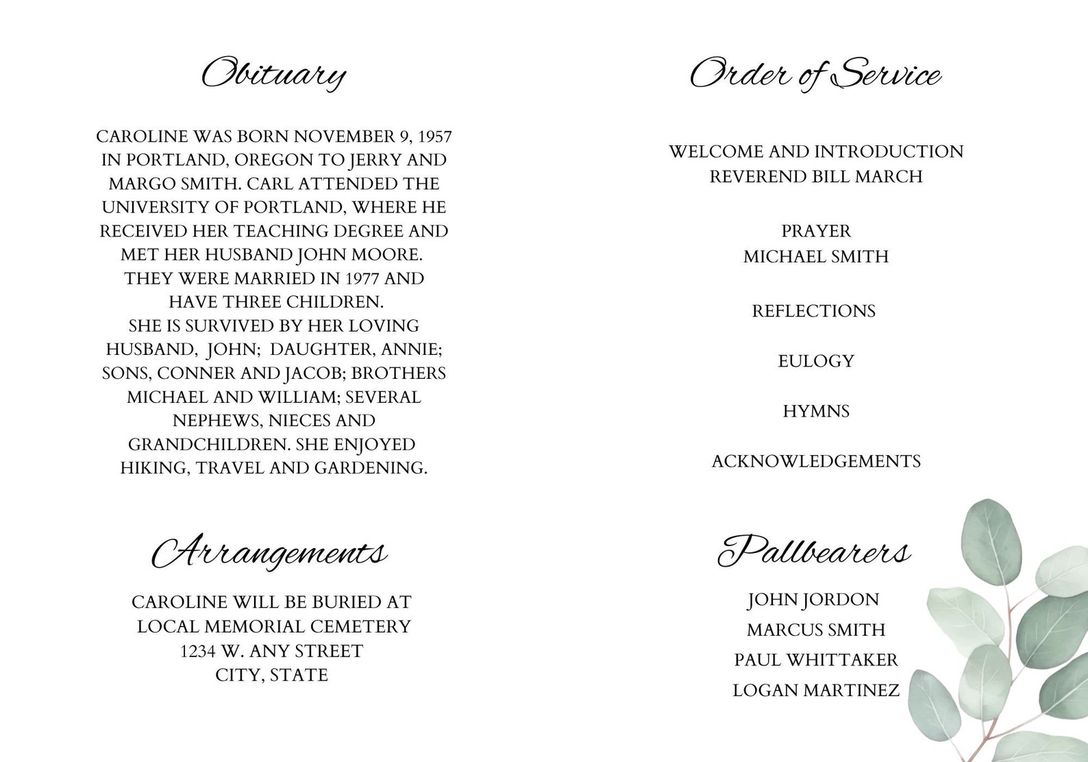 Funeral Program Template, Simple Memorial Program, Printable Funeral ...