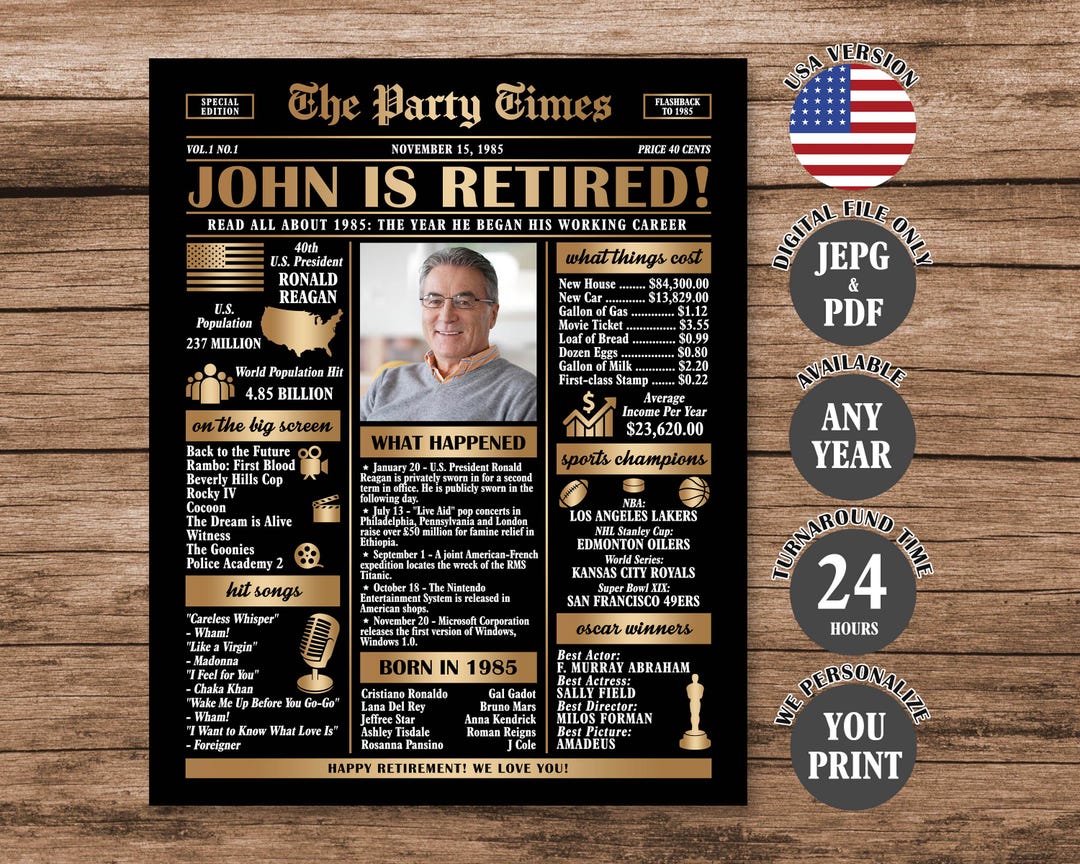 Gold Retirement Newspaper Poster, Retirement Gift for Men or Women Work ...