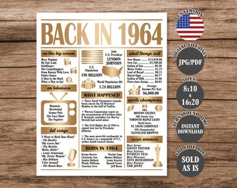 1964 PRINTABLE Birthday Poster Back in 1964 Birthday Gift Digital ...