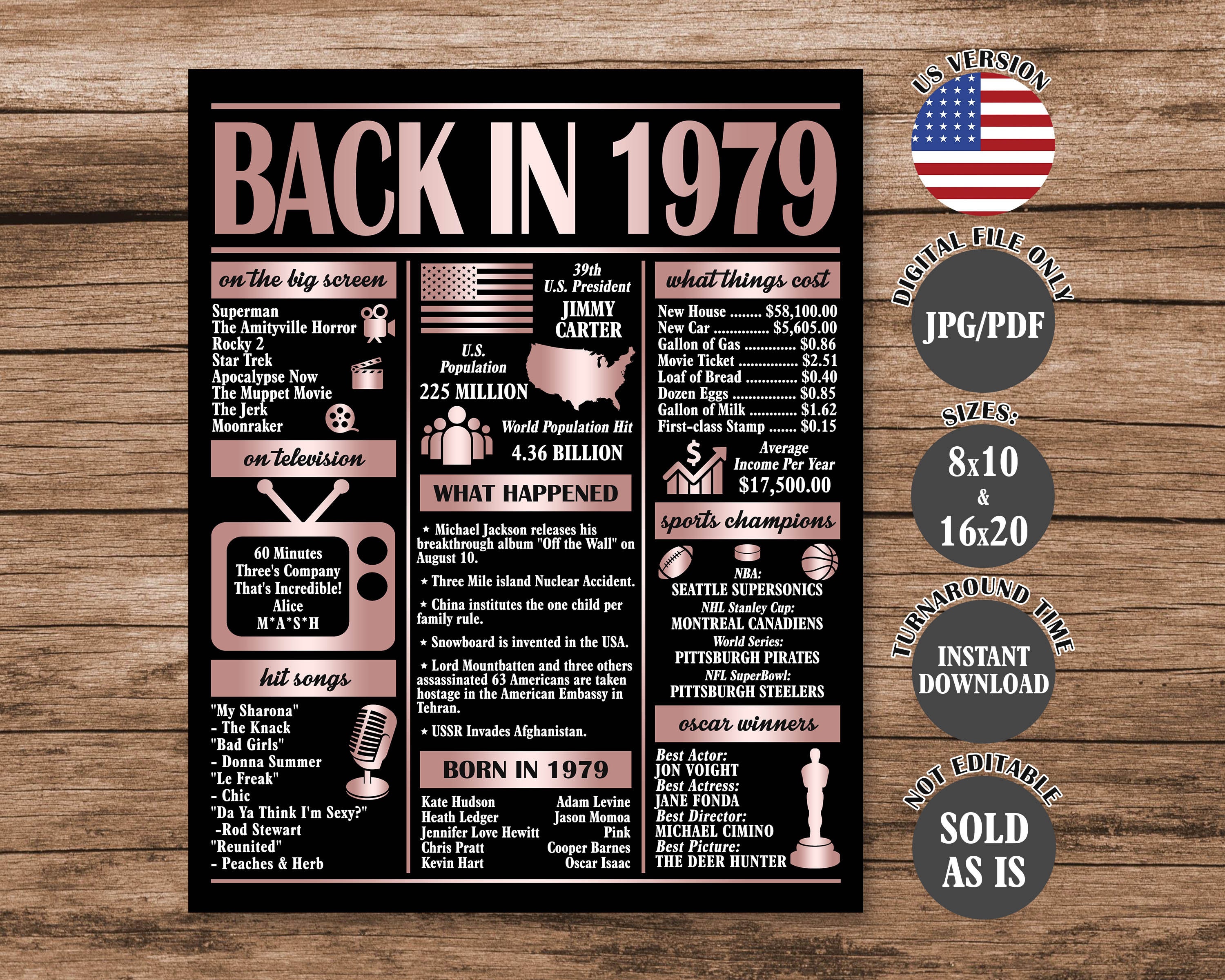Rose Gold Back in 1979 Printable Poster, 45th Birthday, Anniversary or ...