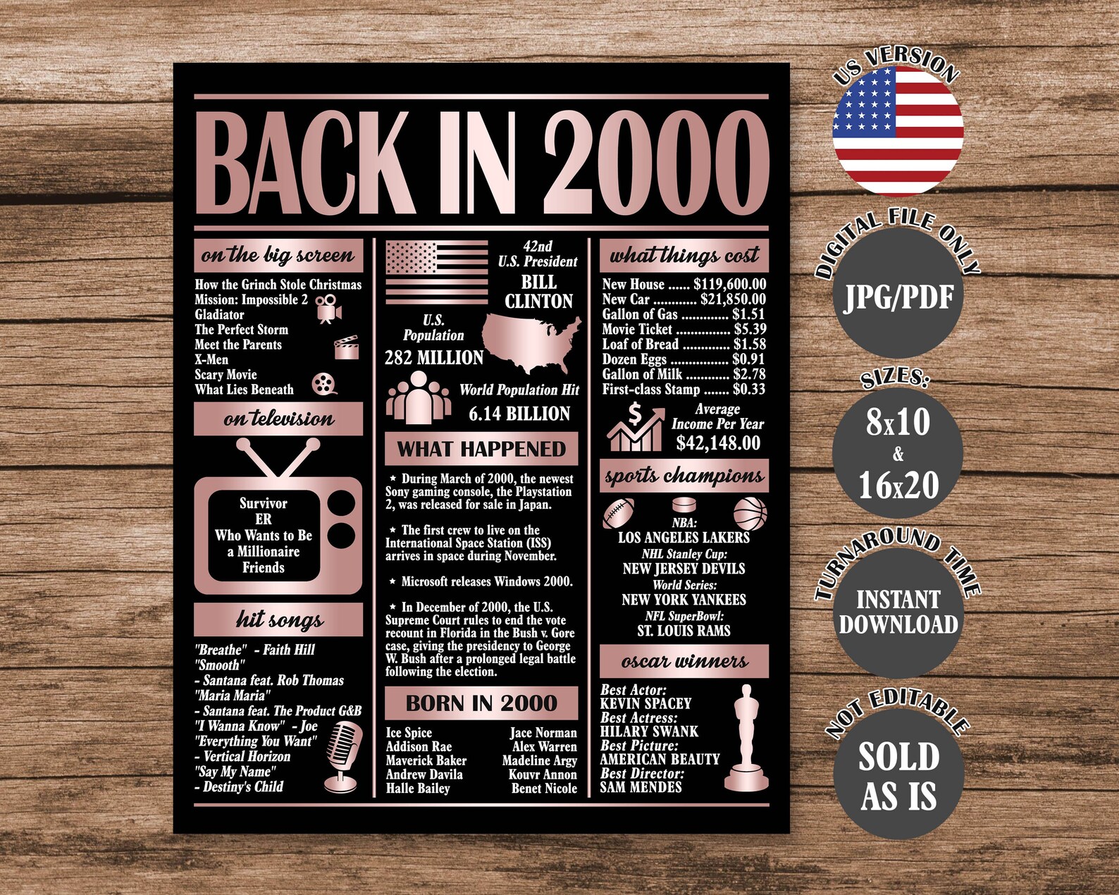 Rose Gold Back in 2000 Printable Poster, 24th Birthday, Anniversary or ...